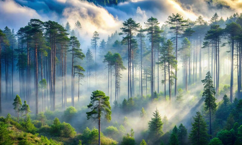 The Rays of the Sun Break through the Fog in the Forest Stock Photo ...