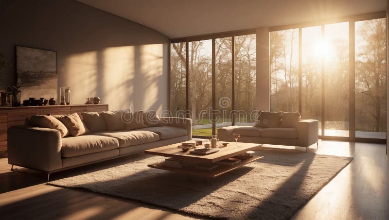 The Rays of the Sun at Sunset Shine into the Modern Living Room with a ...
