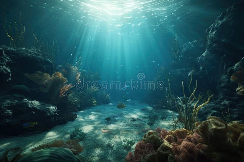 Rays of the Sun Underwater and Fish, Seabed. Background Stock ...