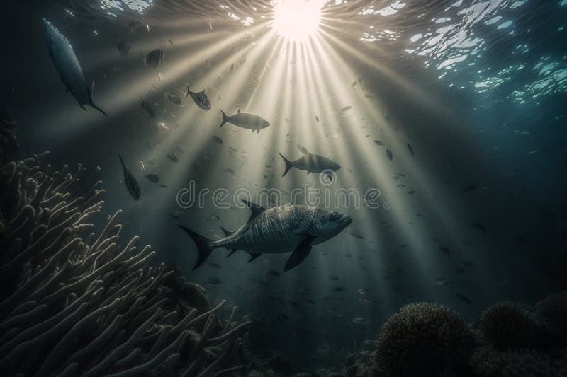 Rays of the Sun Underwater, Sea World Generative AI Stock Illustration ...