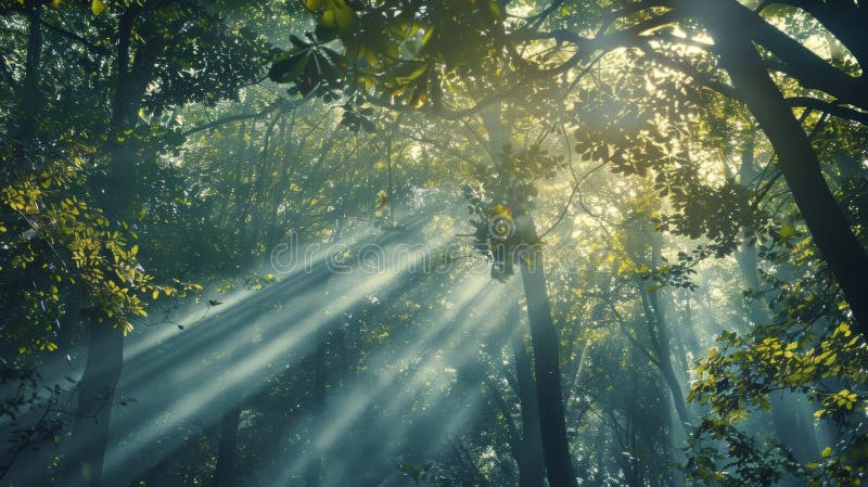 Rays of Sunlight Filter through a Canopy of Trees Casting a Warm and ...