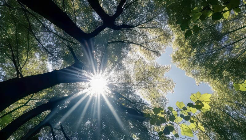 Sunlight Beaming through Forest Canopy with Tall Trees Stock ...