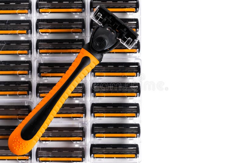 Razor Blade in Plastic Box on White Background, Top View. Space for ...