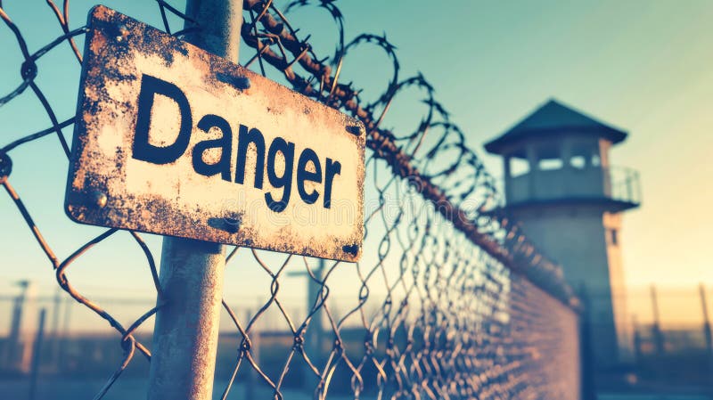 Razor-sharp Barbed Wire Fence with a Guard Tower and Danger Sign ...