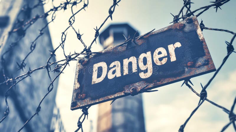 Razor-sharp Barbed Wire Fence with a Guard Tower Displaying Danger Sign ...