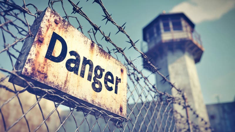 Razor-sharp Barbed Wire Fence with Guard Tower in a Prison Setting ...