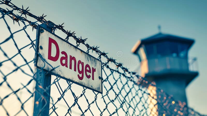 A Razor-sharp Barbed Wire Fence Marked Danger Surrounding a Prison with ...