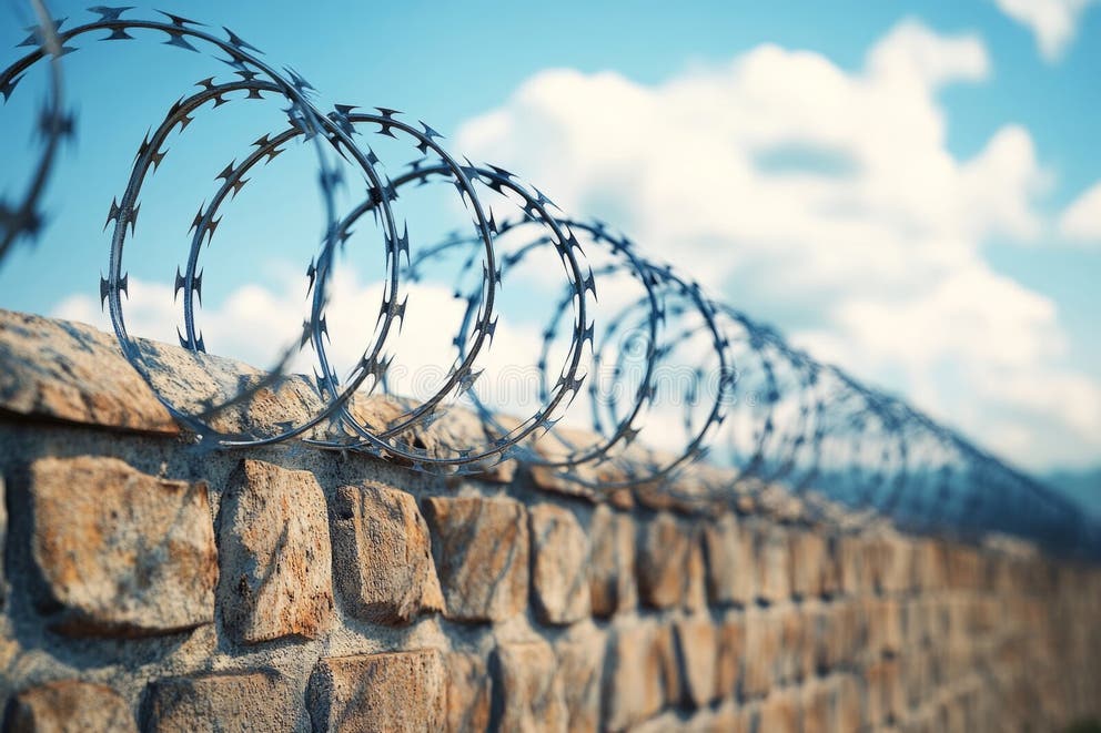 Razor Wire Topping a Stone Wall Provides Security Under a Bright Blue ...