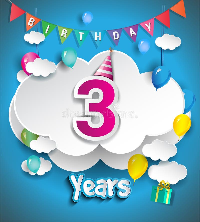 3rd Anniversary Celebration Design, with Clouds and Balloons, Confetti ...