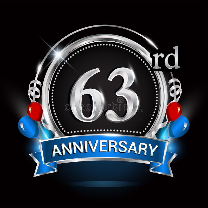 63rd Birthday Logo with Silver Ring and Blue Ribbon, Vector Design ...