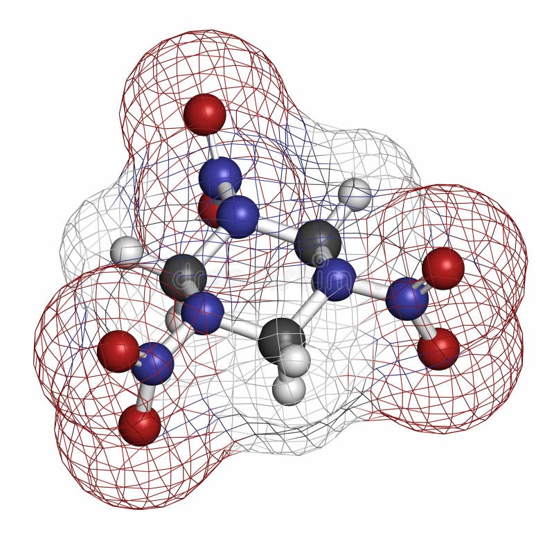 RDX (cyclotrimethylenetrinitramine) Explosive Molecule. Atoms are ...