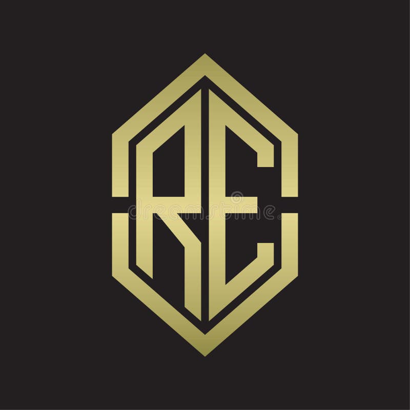 RE Logo Monogram with Hexagon Shape and Outline Slice Style with Gold ...