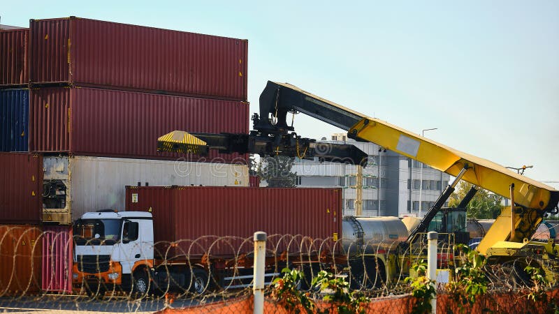 Reach-stacker and Container Truck Stock Photo - Image of work, lift ...