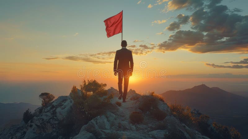 Reaching a Goal Concept, Mountaineer with Red Flag on Mountain ...