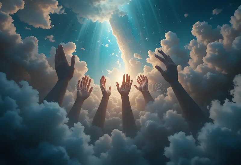Reaching Hands among Clouds Toward Light Rays Shining from Above Stock ...