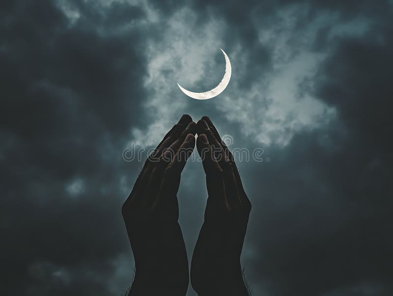 Reaching for the Moon: Praying Hands Under Crescent Stock Illustration ...