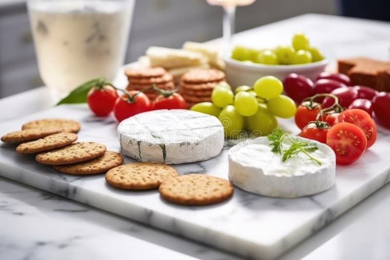 Reaching for a Soft Cheese Spread with Round Crackers on a Marble Tray ...