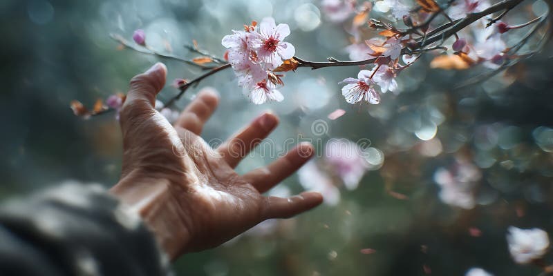 Reaching for Spring a Stunning Photo of a Hand Touching Blossoms Stock ...