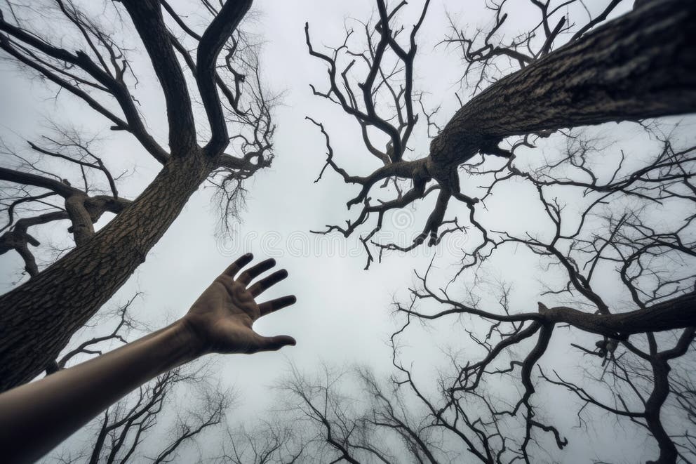 Reaching Tree Branches Touching Each Other Amidst Clouds Stock Photo ...