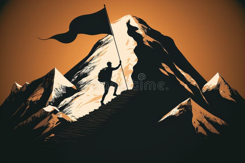 Reaching Your Goals Concept, Mountain Climber with Flag on Top of ...