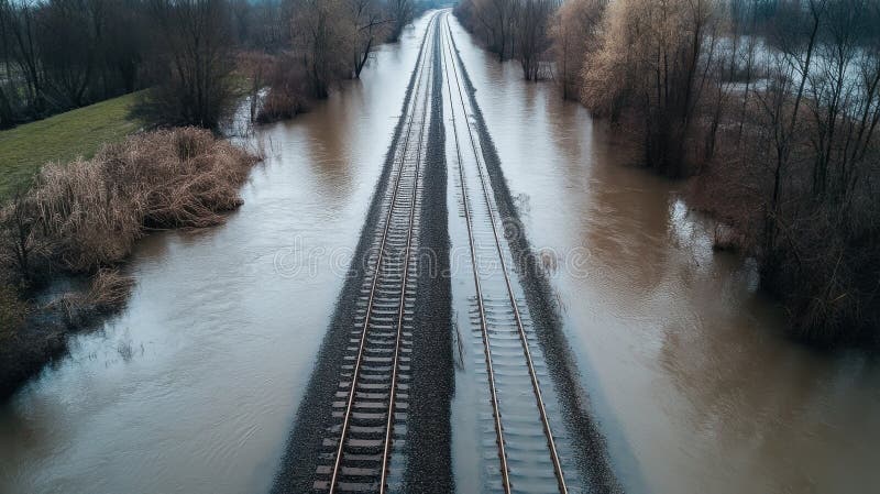 REACT Month Flooded Railway Tracks Surrounded by Trees during Early ...