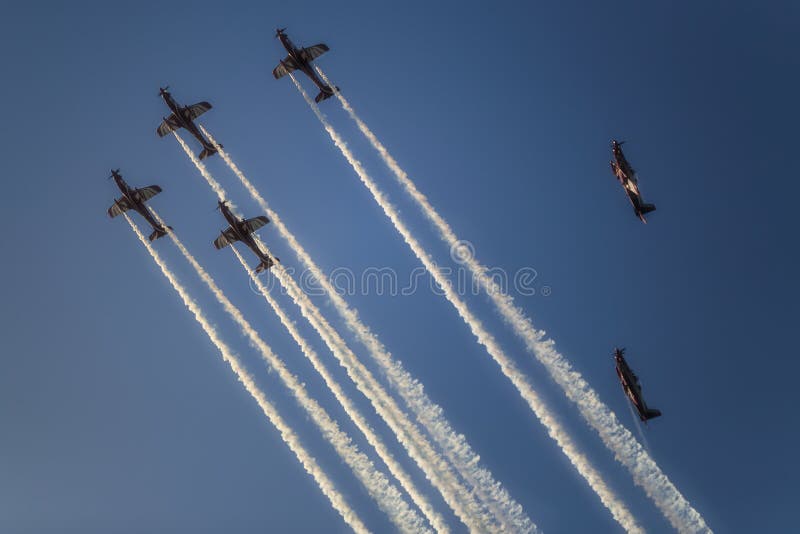 Reactive Jet Plane Flying in Formation on Blue Sky Stock Image - Image ...