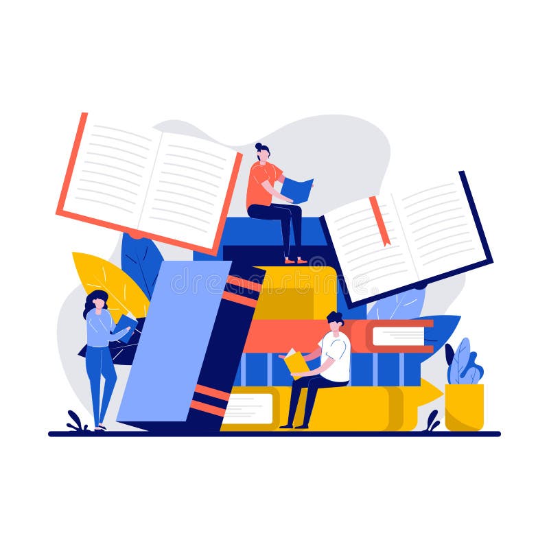 Read Book, Education Concept with Tiny Character. Student Reading Open ...