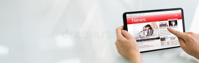 Read Newspaper Article on Digital Tablet Stock Photo - Image of lady ...