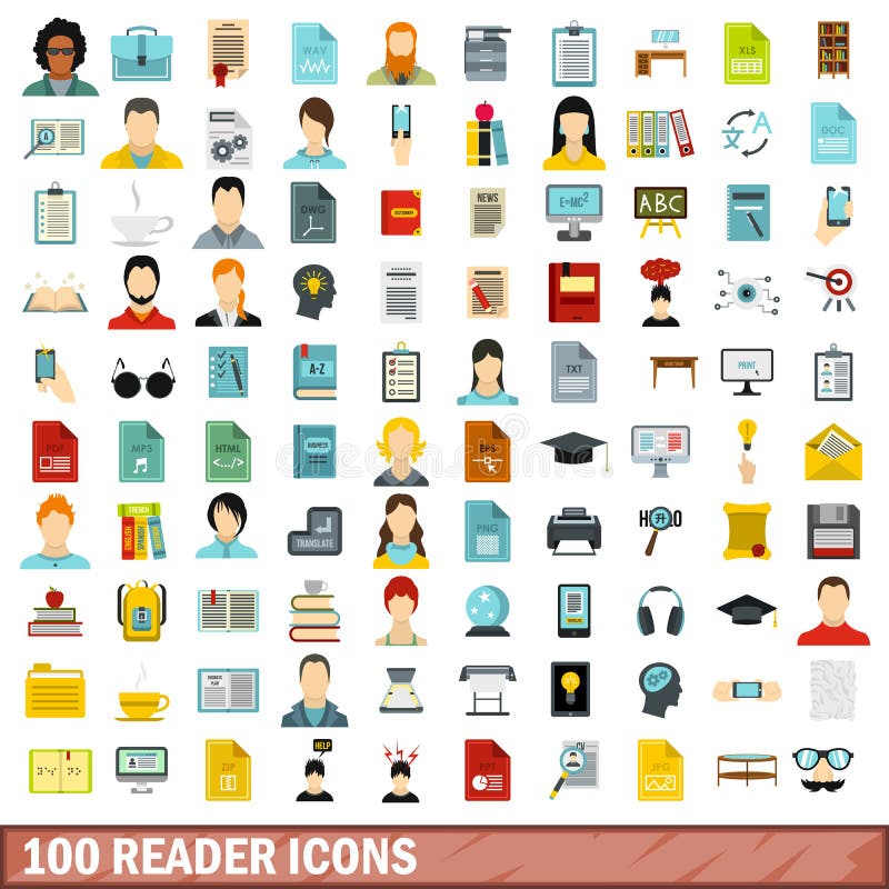 100 Reader Icons Set, Flat Style Stock Vector - Illustration of ...