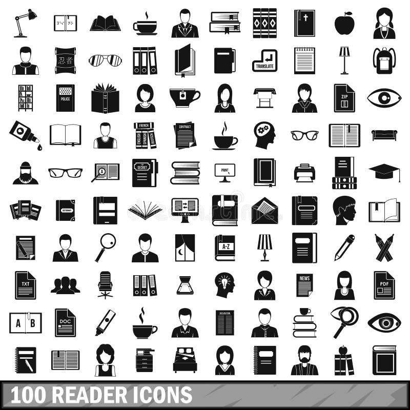 100 Reader Icons Set, Simple Style Stock Vector - Illustration of ...