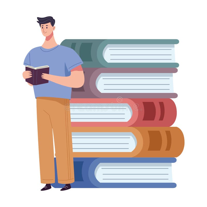 Reader Man Reading Book Standing with Pile Books Character Stock Vector ...