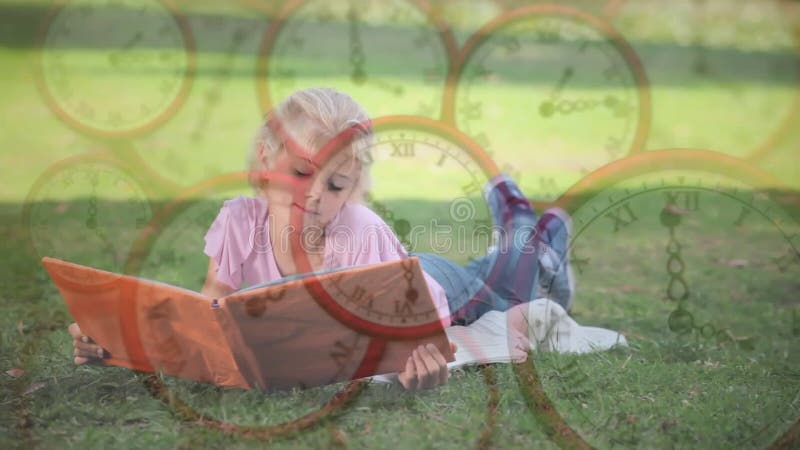 Reading Book on Grass, Child Surrounded by Clock Faces Animation Stock ...