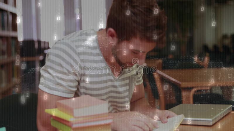 Reading Book Man With Binary Code Animation Overlay In Background