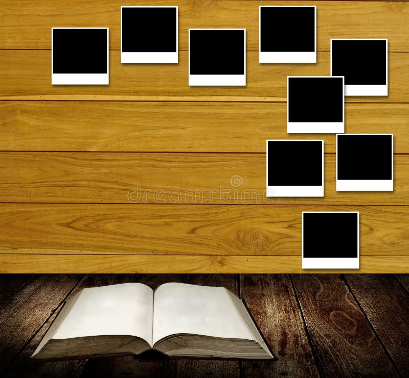 Reading Book with Photo Frames Post on Wooden Wall Stock Image - Image ...