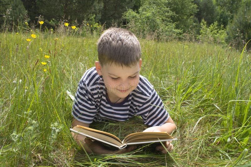 Reading boy stock image. Image of childhood, grass, meadow - 55589245