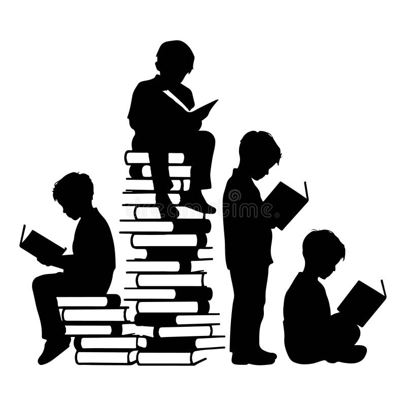 Reading Boys Silhouette Clipart Book Stack Study Stock Vector ...