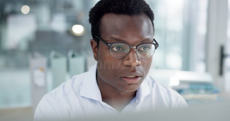 Computer, Reading and Business Man with Glasses for Information ...