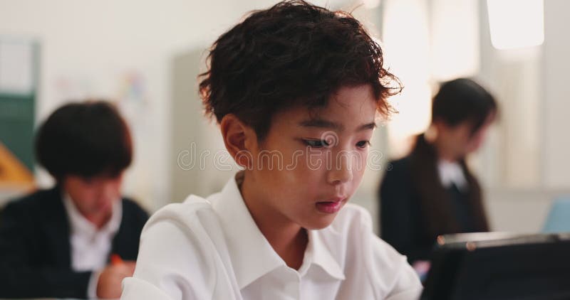 Reading, Child and Tablet in Classroom for Education, Learning and ...