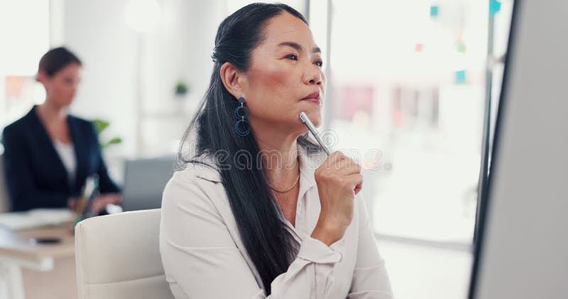 Reading, Computer and Woman with Thinking in Office for Article Insight ...