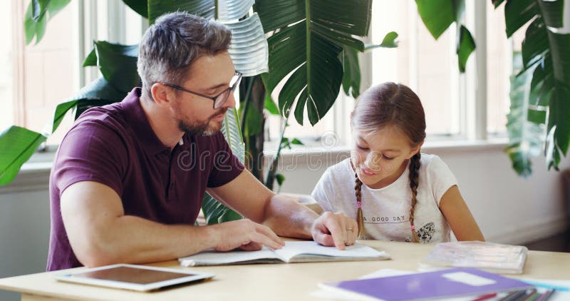 Reading, Dad and Child with Homework, Home and Studying for Project ...