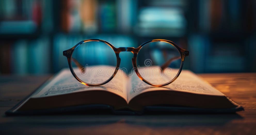 Reading Eyeglasses Lying on Open Book Page in University Library or ...
