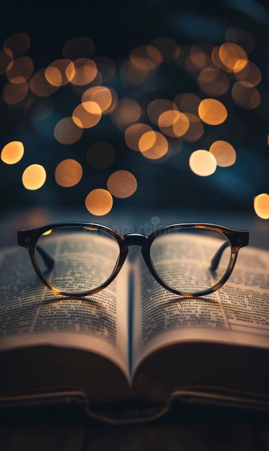 Reading Eyeglasses Lying on Open Book Page in University Library or ...