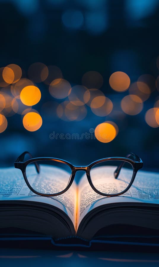 Reading Eyeglasses Lying on Open Book Page in University Library or ...