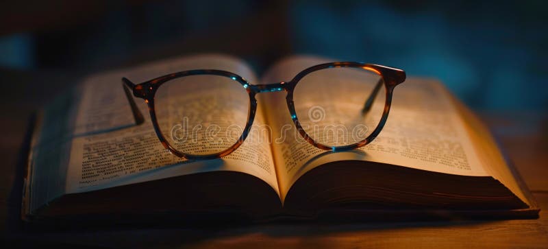 Reading Eyeglasses Lying on Open Book Page in University Library or ...