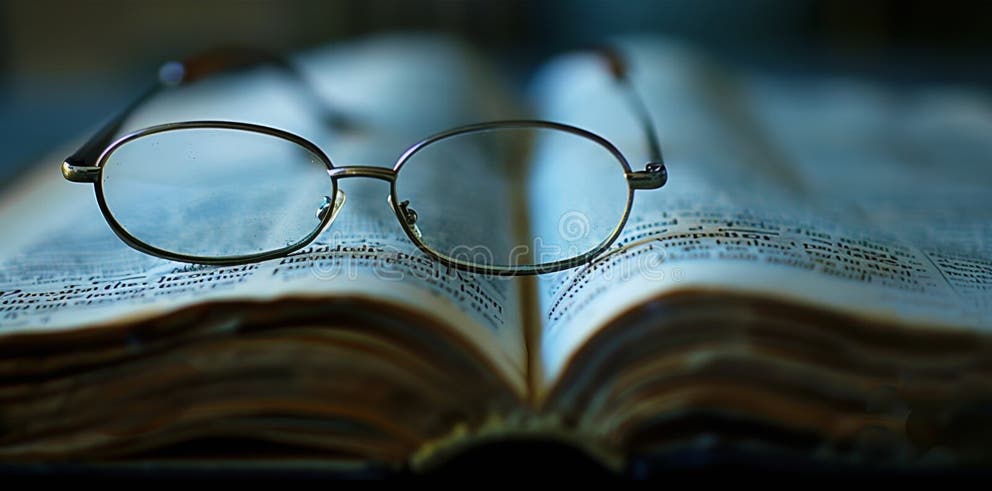 Reading Eyeglasses Lying on Open Book Page in University Library or ...