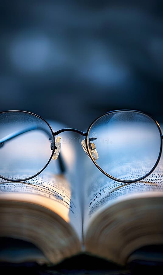 Reading Eyeglasses Lying on Open Book Page in University Library or ...