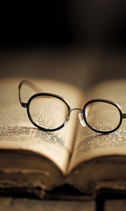 Reading Eyeglasses Lying on Open Book Page in University Library or ...