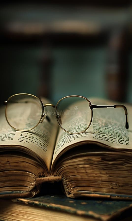 Reading Eyeglasses Lying on Open Book Page in University Library or ...