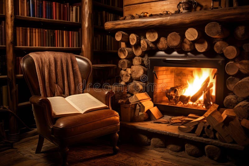 Reading by the Fireplace in a Rustic Cabin Stock Photo - Image of relax ...