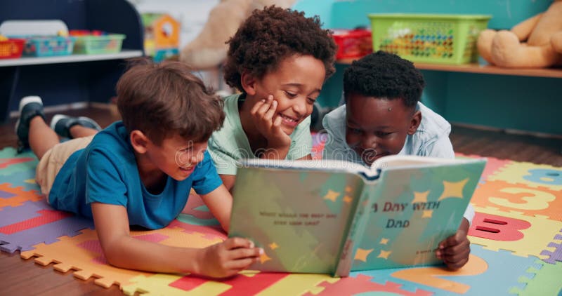 Reading, Group and Children with Book in Classroom for Learning ...